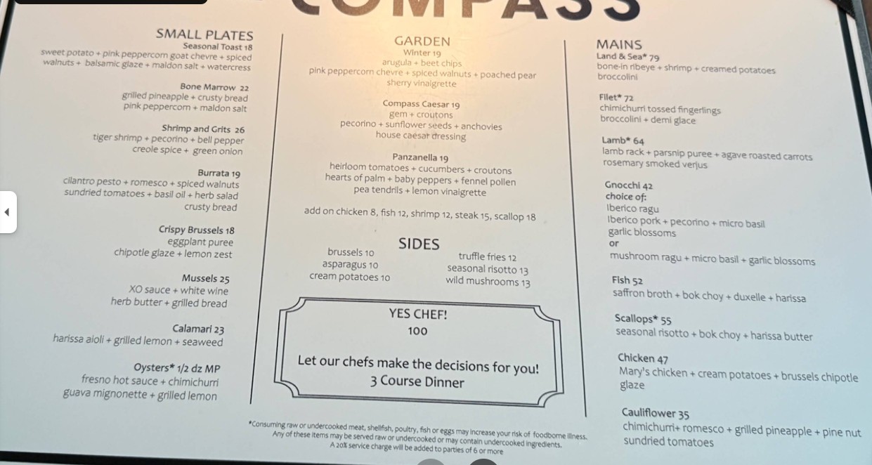 The Compass Restaurant Menu | Rooftop Dining & Seasonal Cuisine in ...
